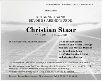 Traueranzeigen von Christian Staar | Trauerportal Hildesheimer ...