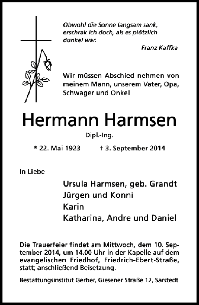 Traueranzeigen von Hermann Harmsen | Trauerportal Hildesheimer ...