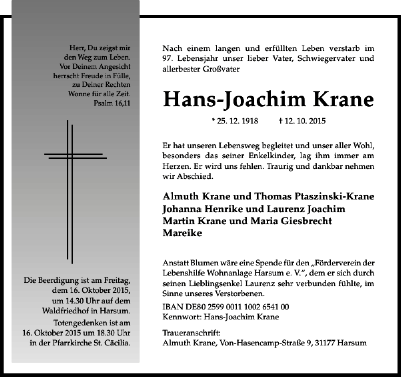 Traueranzeigen von Hans-Joachim Krane | Trauerportal Hildesheimer ...