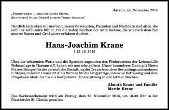Traueranzeigen von Hans-Joachim Krane | Trauerportal Hildesheimer ...