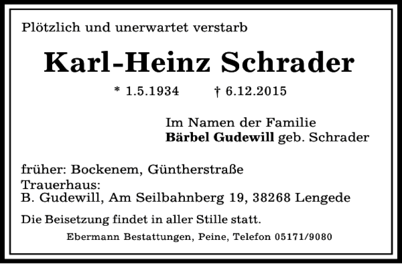 Traueranzeigen von Karl-Heinz Schrader | Trauerportal Hildesheimer Allgemeine Zeitung