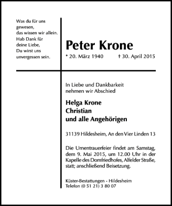 Traueranzeigen von Peter Krone | Trauerportal Hildesheimer Allgemeine ...