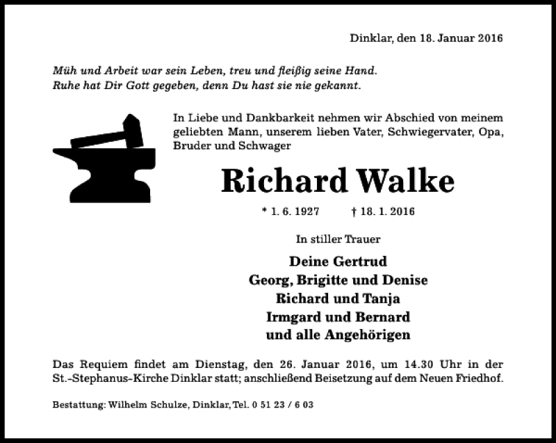 Traueranzeigen von Richard Walke | Trauerportal Hildesheimer Allgemeine ...