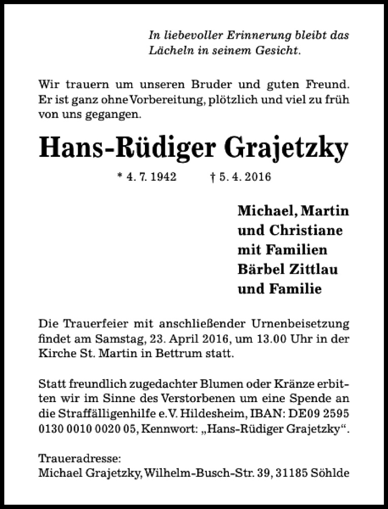 Traueranzeigen von Hans-Rüdiger Grajetzky | Trauerportal Hildesheimer ...