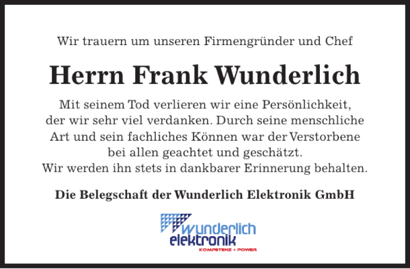 Traueranzeigen von Frank Wunderlich | Trauerportal Hildesheimer ...