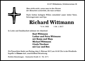 Traueranzeigen von Richard Wittmann | Trauerportal Hildesheimer ...