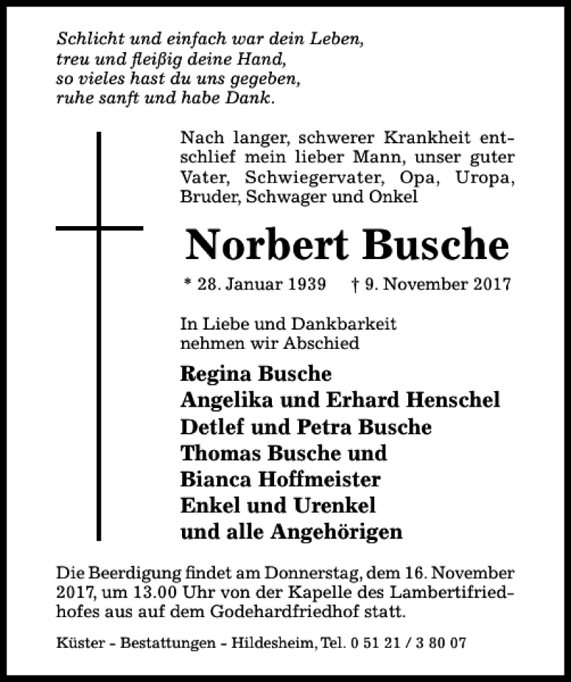 Traueranzeigen von Norbert Busche | Trauerportal Hildesheimer ...