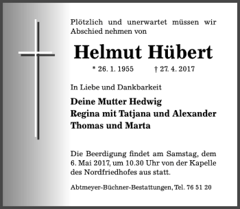 Traueranzeigen von Helmut Hübert | Trauerportal Hildesheimer Allgemeine ...