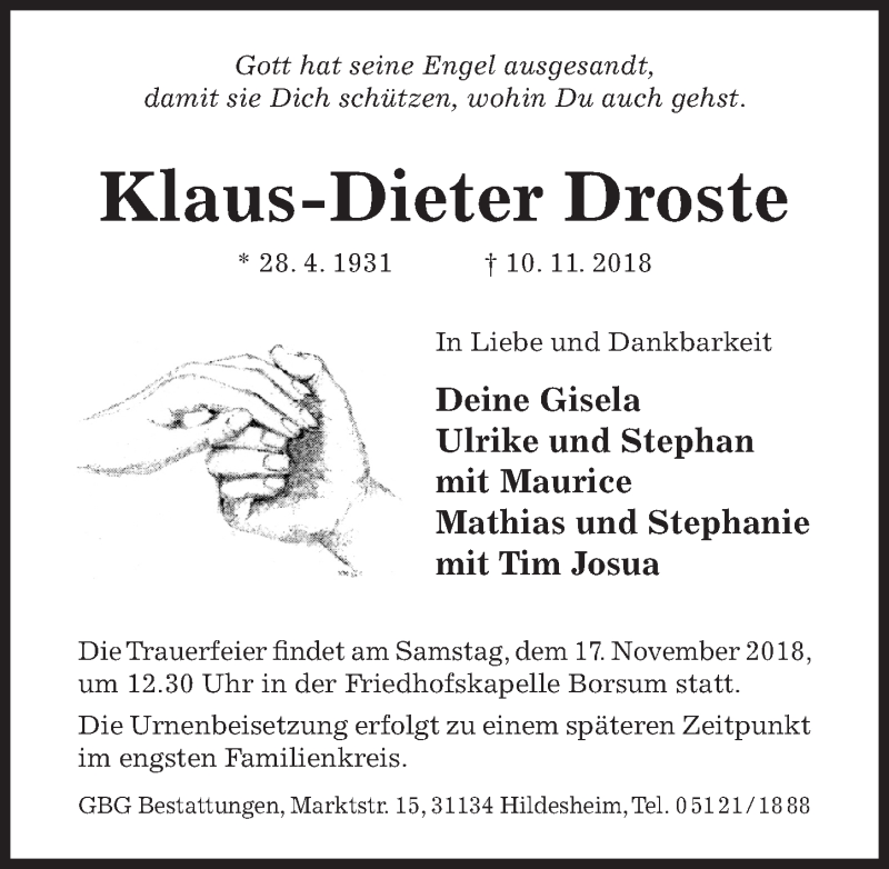 Traueranzeigen von Klaus-Dieter Droste | Trauerportal Hildesheimer ...