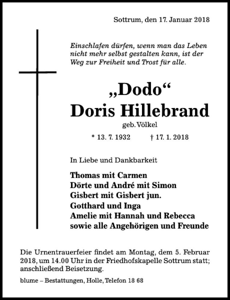 Traueranzeigen von Dodo Doris Hillebrand | Trauerportal Hildesheimer ...