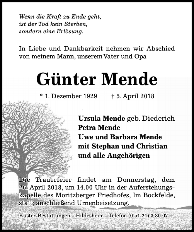 Traueranzeigen von Günter Mende | Trauerportal Hildesheimer Allgemeine ...