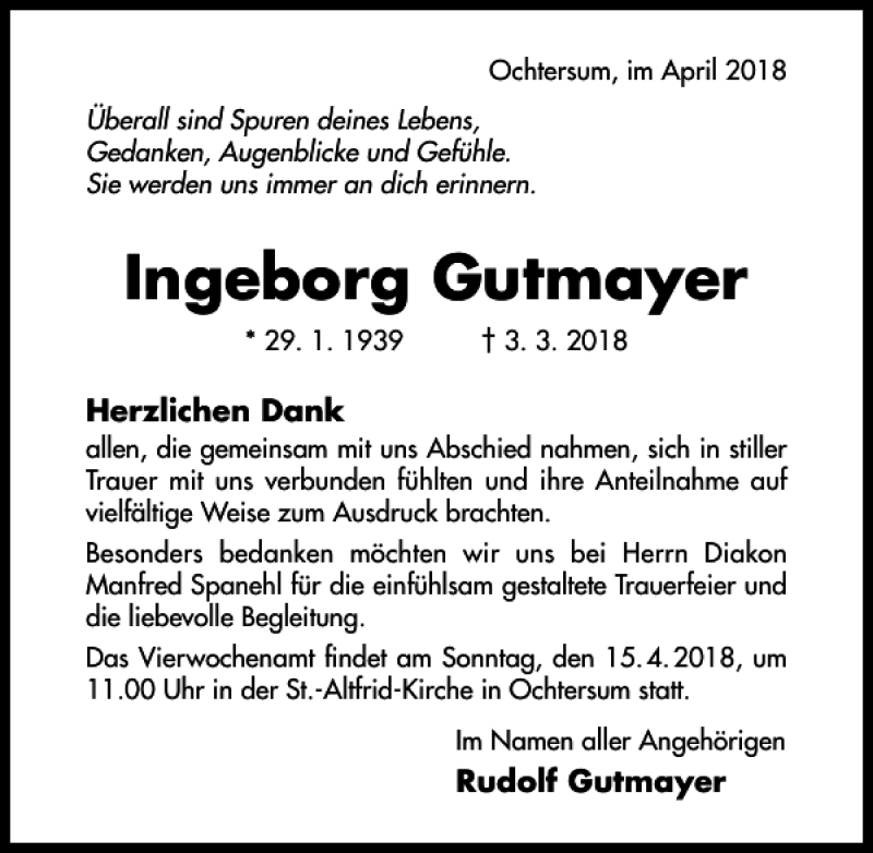 Traueranzeigen von Ingeborg Gutmayer | Trauerportal Hildesheimer ...