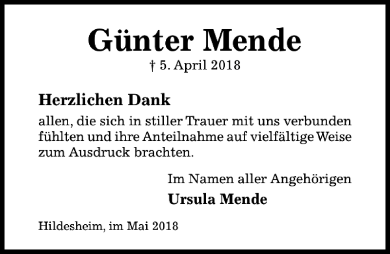 Traueranzeigen von Günter Mende | Trauerportal Hildesheimer Allgemeine ...