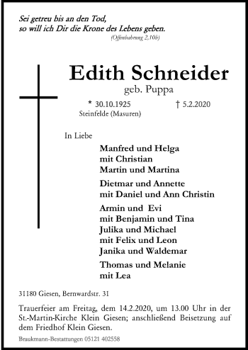 Traueranzeigen von Edith Schneider | Trauerportal Hildesheimer Allgemeine Zeitung