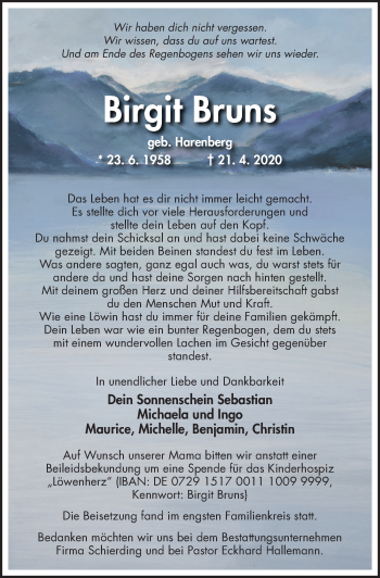 Traueranzeigen von Birgit Bruns | Trauerportal Hildesheimer Allgemeine ...