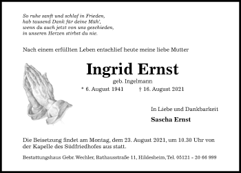 Traueranzeigen von Ingrid Ernst | Trauerportal Hildesheimer Allgemeine ...