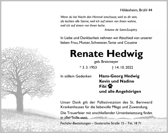 Traueranzeigen von Renate Hedwig | Trauerportal Hildesheimer Allgemeine ...