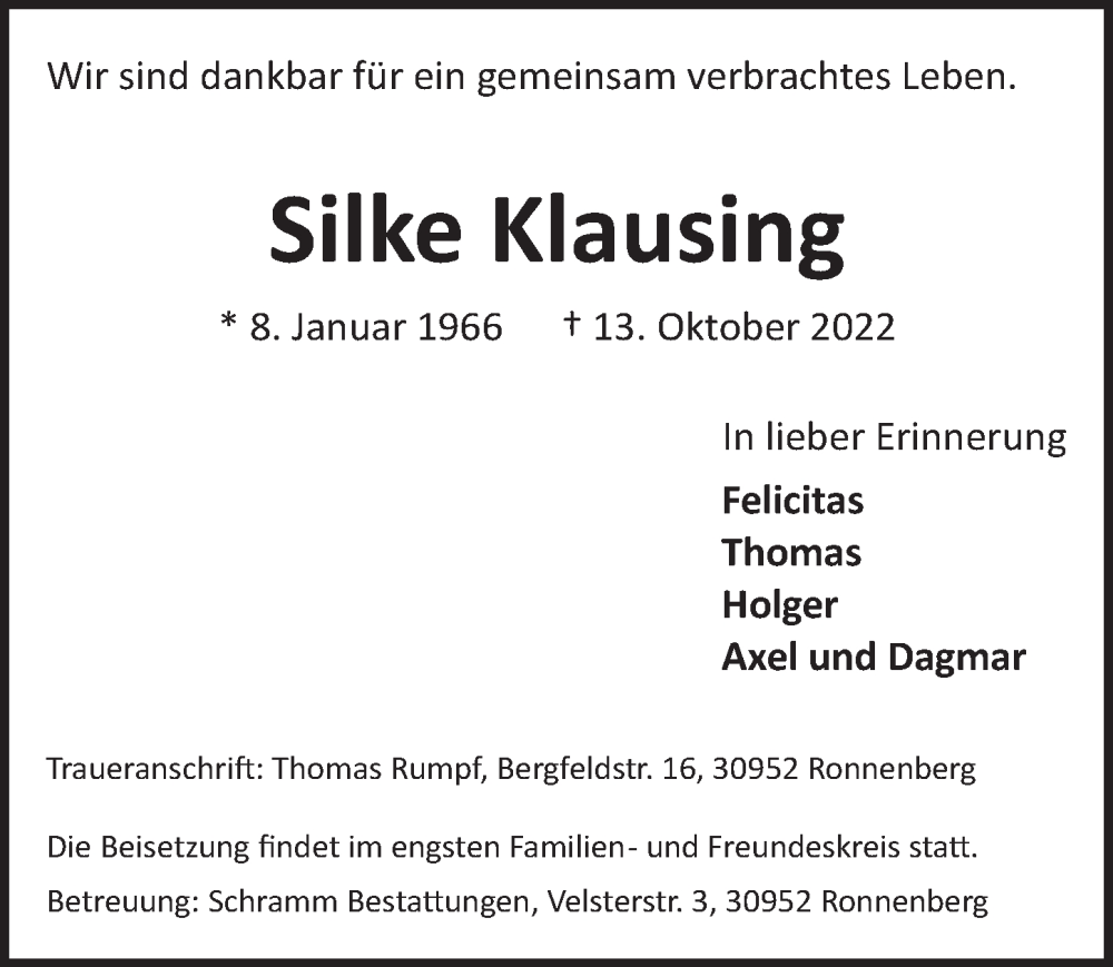 Traueranzeigen von Silke Klausing | Trauerportal Hildesheimer ...
