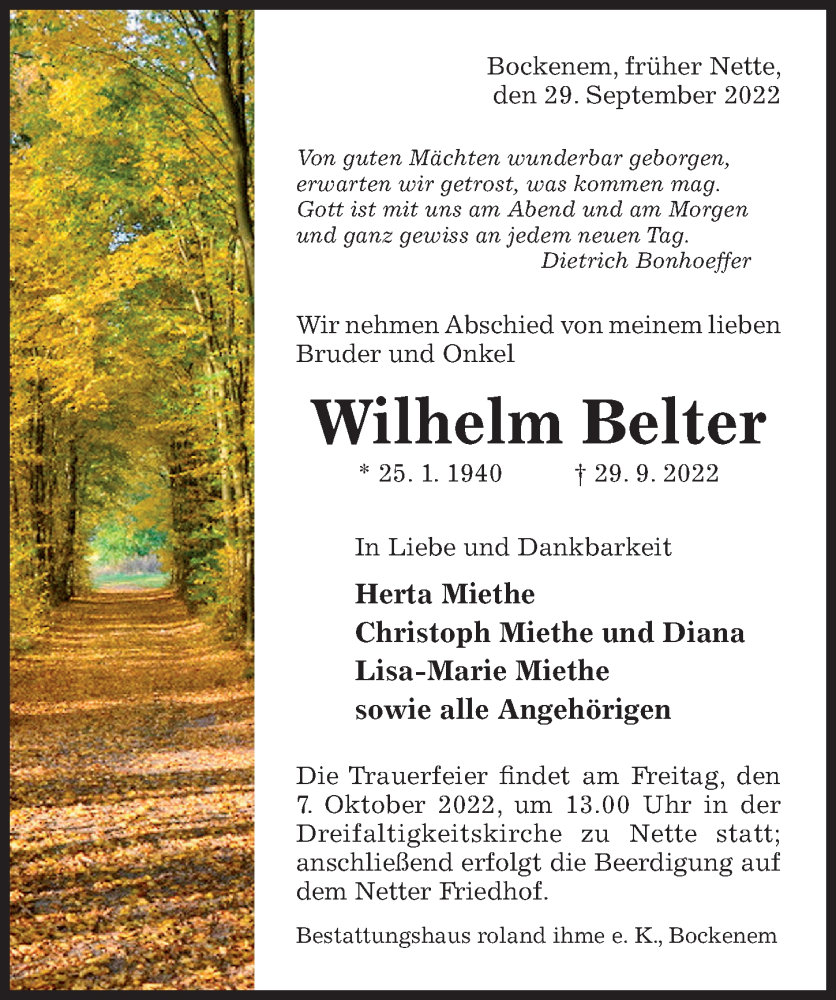 Traueranzeigen von Wilhelm Belter | Trauerportal Hildesheimer ...