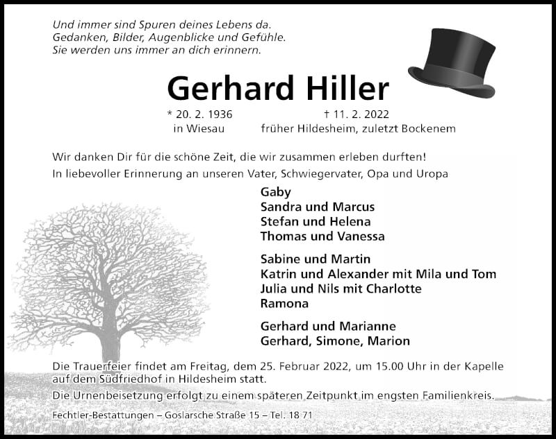 Traueranzeigen von Gerhard Hiller | Trauerportal Hildesheimer ...