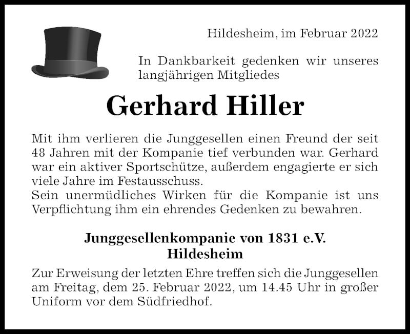 Traueranzeigen von Gerhard Hiller | Trauerportal Hildesheimer ...