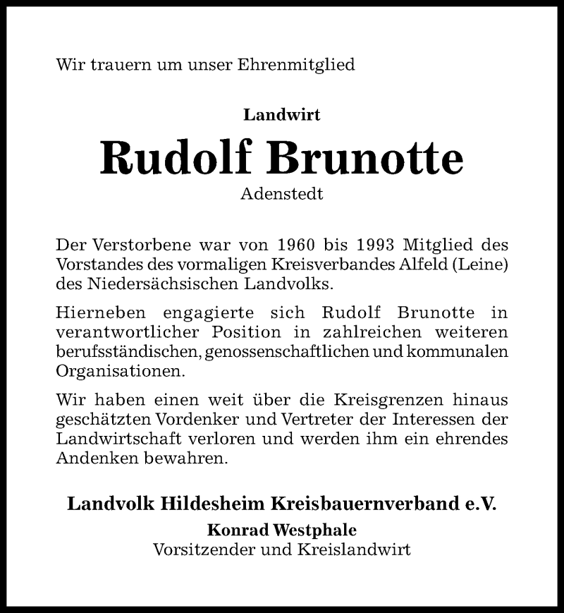 Traueranzeigen von Rudolf Brunotte | Trauerportal Hildesheimer ...