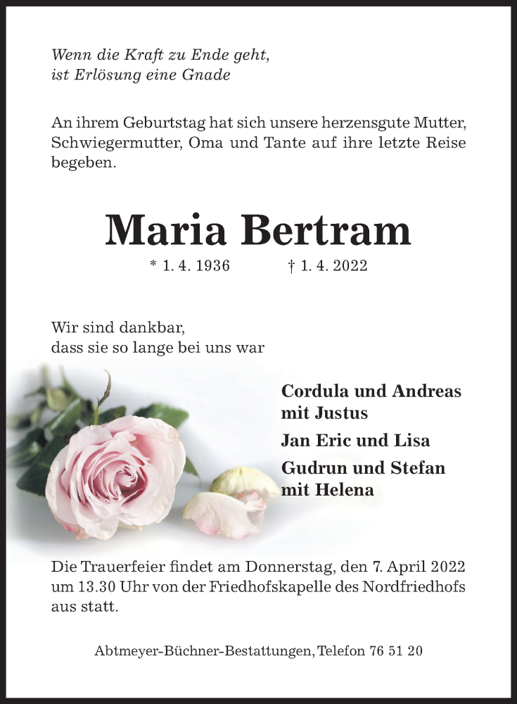 Traueranzeigen von Maria Bertram | Trauerportal Hildesheimer Allgemeine ...