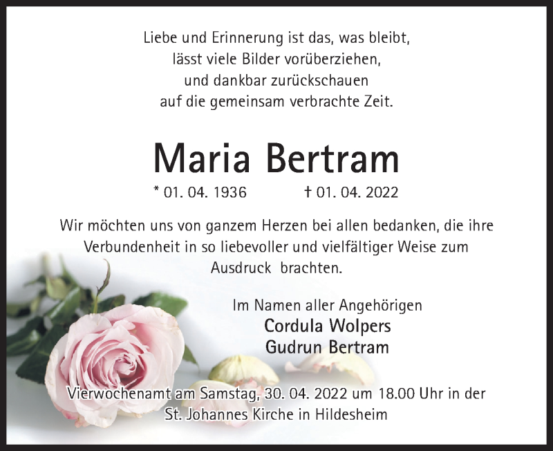 Traueranzeigen von Maria Bertram | Trauerportal Hildesheimer Allgemeine ...
