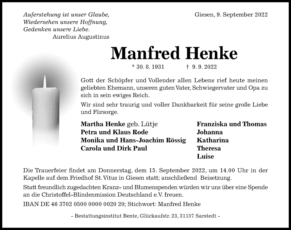 Traueranzeigen von Manfred Henke | Trauerportal Hildesheimer Allgemeine ...