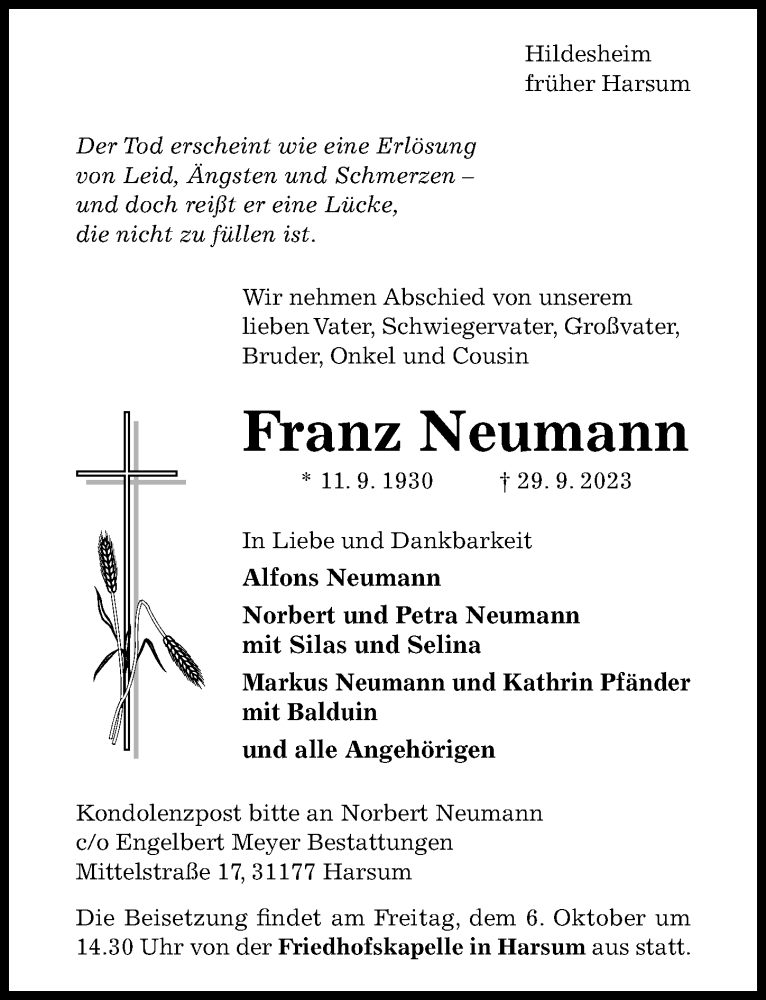Traueranzeigen von Franz Neumann | Trauerportal Hildesheimer Allgemeine ...
