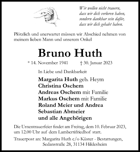 Traueranzeigen von Bruno Huth | Trauerportal Hildesheimer Allgemeine ...
