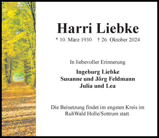 Traueranzeigen von Harri Liebke | Trauerportal Hildesheimer Allgemeine ...