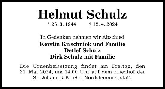 Traueranzeigen von Helmut Schulz | Trauerportal Hildesheimer Allgemeine ...