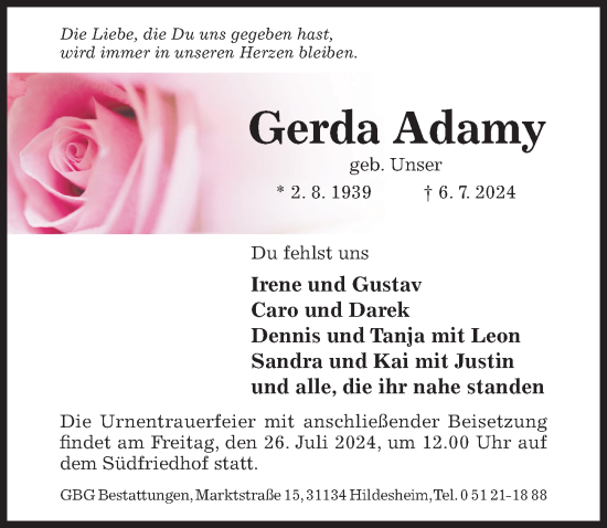 Traueranzeigen von Gerda Adamy | Trauerportal Hildesheimer Allgemeine ...