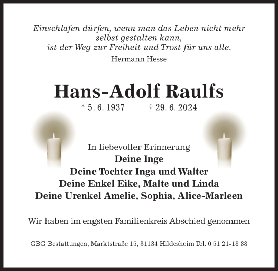 Traueranzeigen von Hans-Adolf Raulfs | Trauerportal Hildesheimer ...