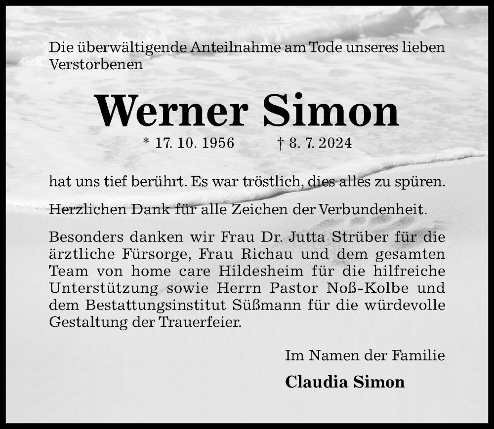 Traueranzeigen von Werner Simon | Trauerportal Hildesheimer Allgemeine Zeitung
