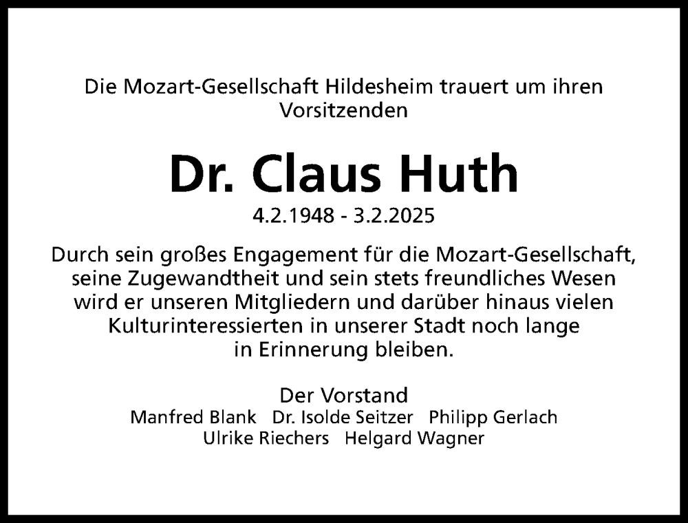 Traueranzeigen von Claus Huth | Trauerportal Hildesheimer Allgemeine ...