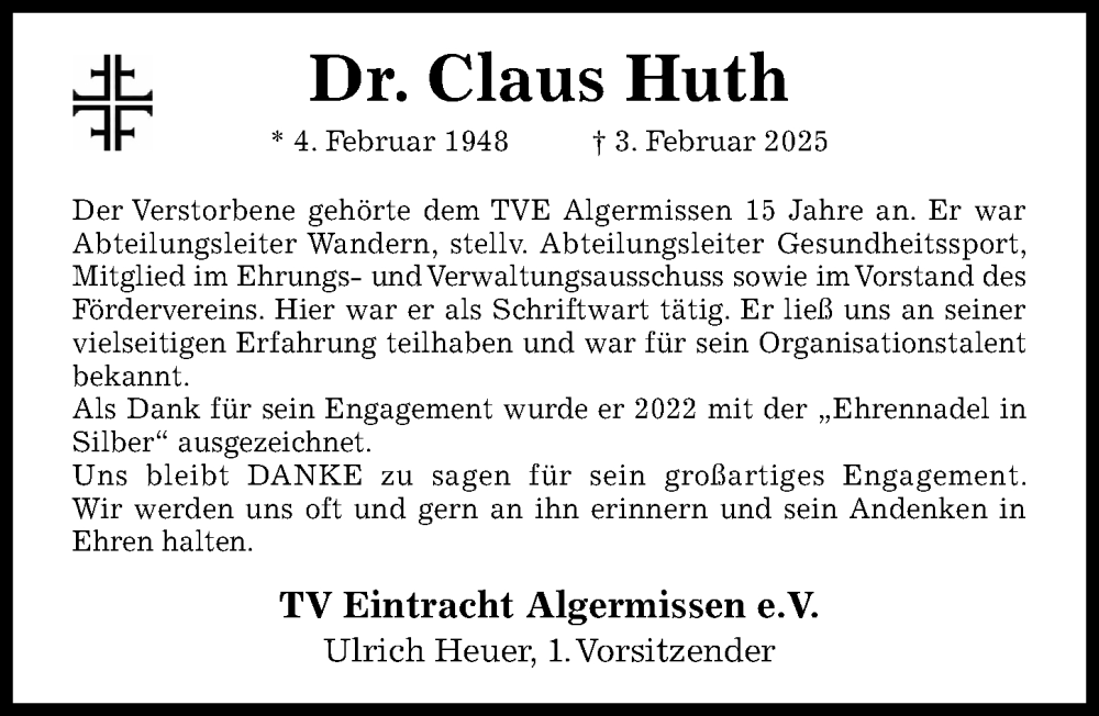 Traueranzeigen von Claus Huth | Trauerportal Hildesheimer Allgemeine ...