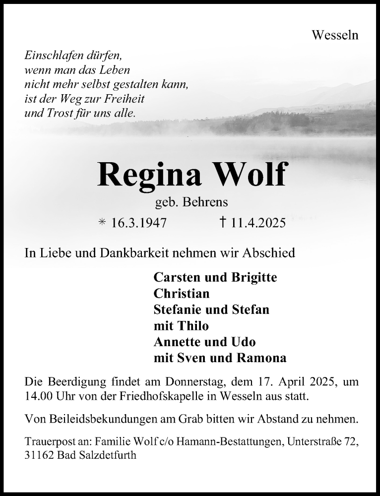 Traueranzeigen von Regina Wolf | Trauerportal Hildesheimer Allgemeine ...