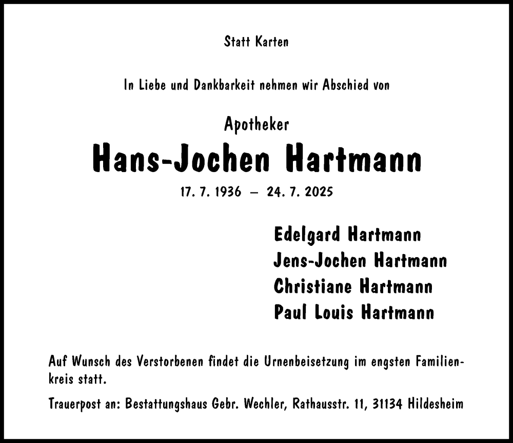 Traueranzeigen von Hans-Jochen Hartmann | Trauerportal Hildesheimer ...
